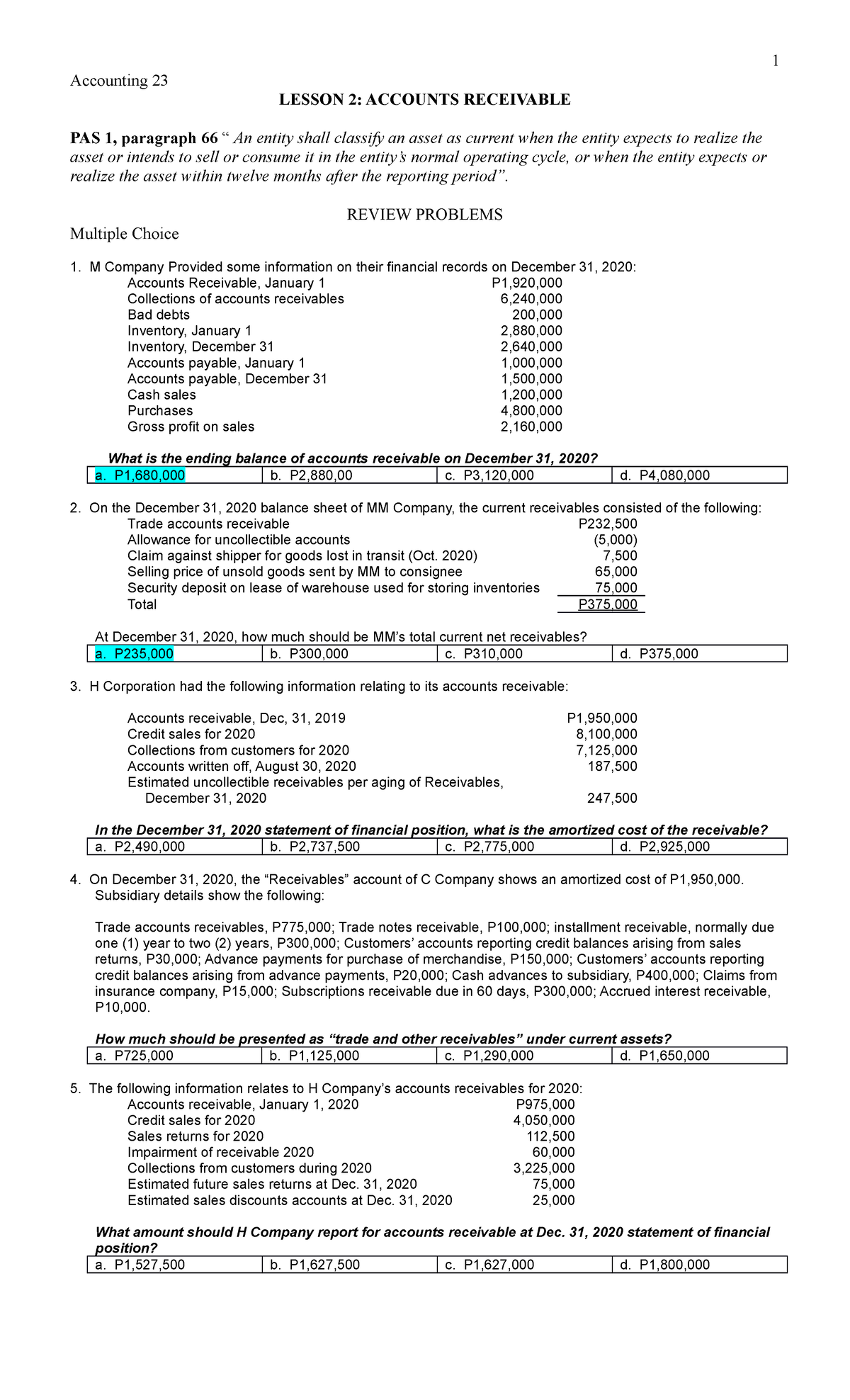 Lesson 2- Accounts Receivables-2021NA - Accounting 23 LESSON 2 ...