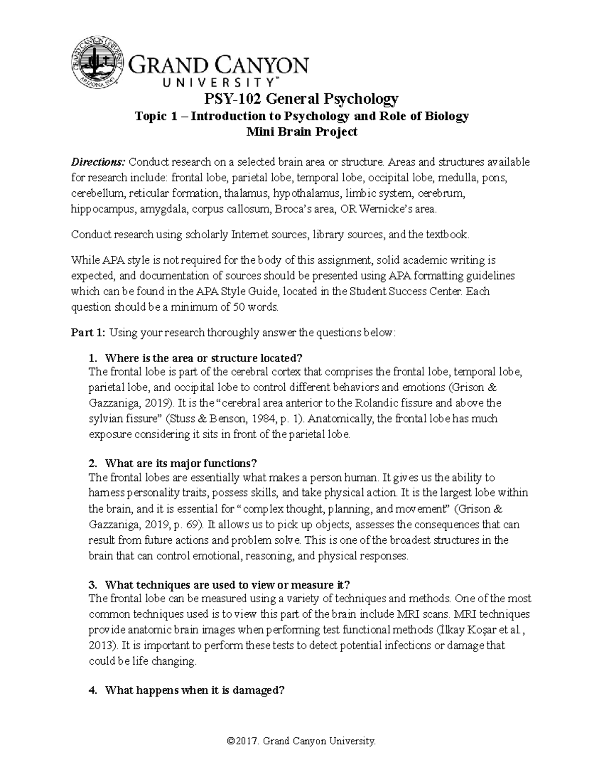 Mini Brain Project - PSY-102 General Psychology Topic 1 – Introduction ...