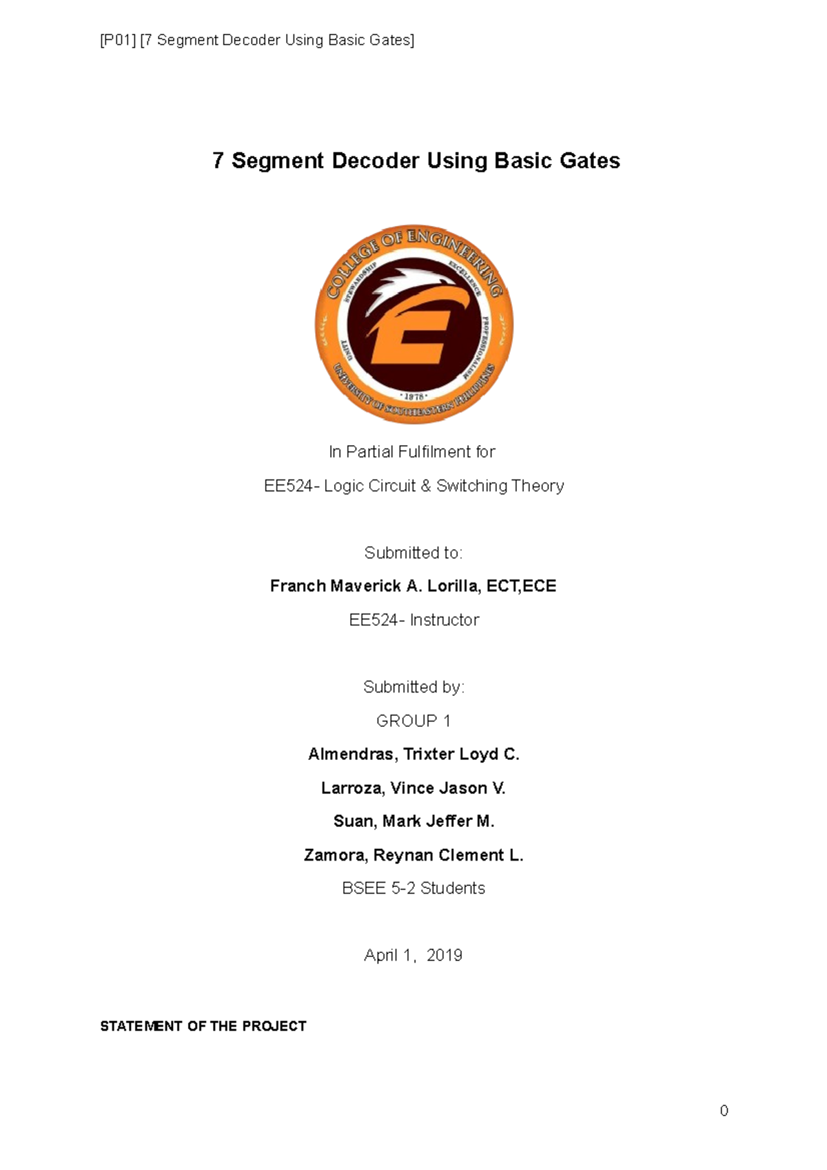 Ee2 G1 Project Under Logic Gates And Switching Theory 7 Segment Decoder Using Basic Gates In