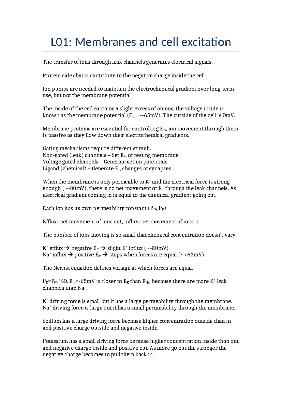 L01 Membrane and cell excitation - Protein side chains contribute to ...