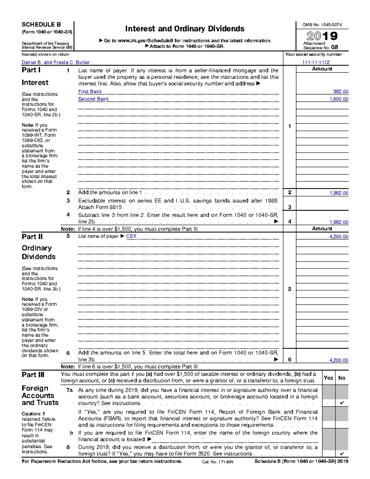 IRS 1040 Schedule B Mr. and Mrs. Butler 2019 - SCHEDULE B (Form 1040 or ...