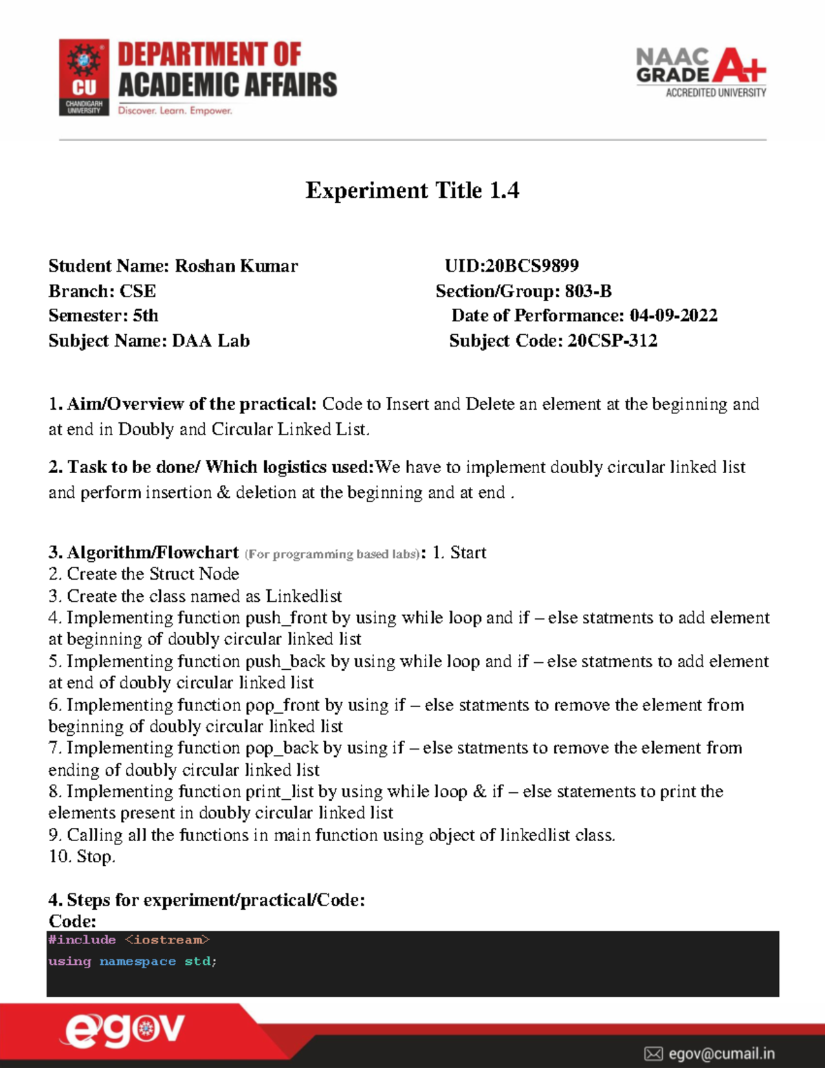 Exp 4 DAA - daa - Experiment Title 1. Student Name: Roshan Kumar UID ...
