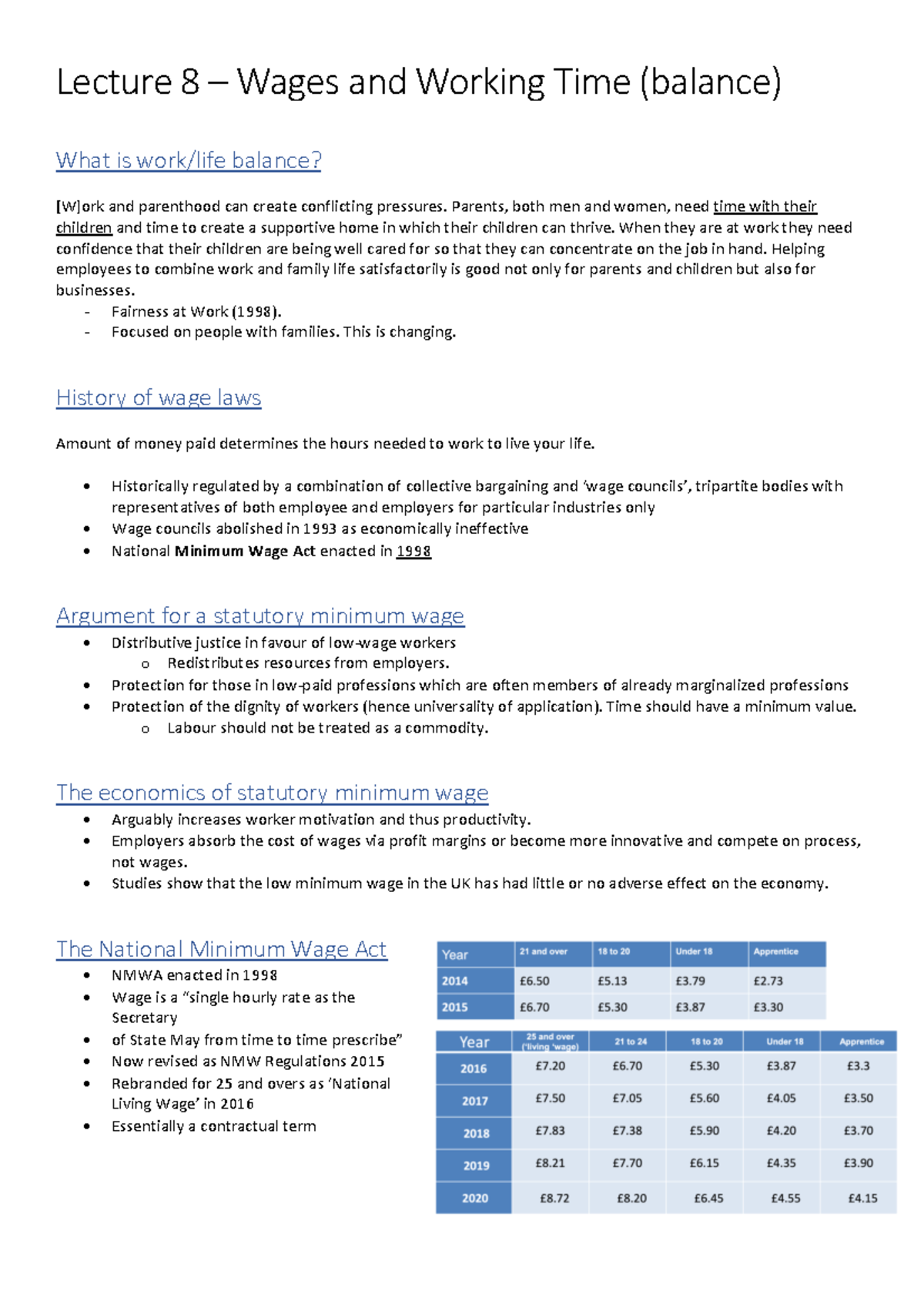 Wages and Working Time lecture 8 notes - Lecture 8 – Wages and Working ...