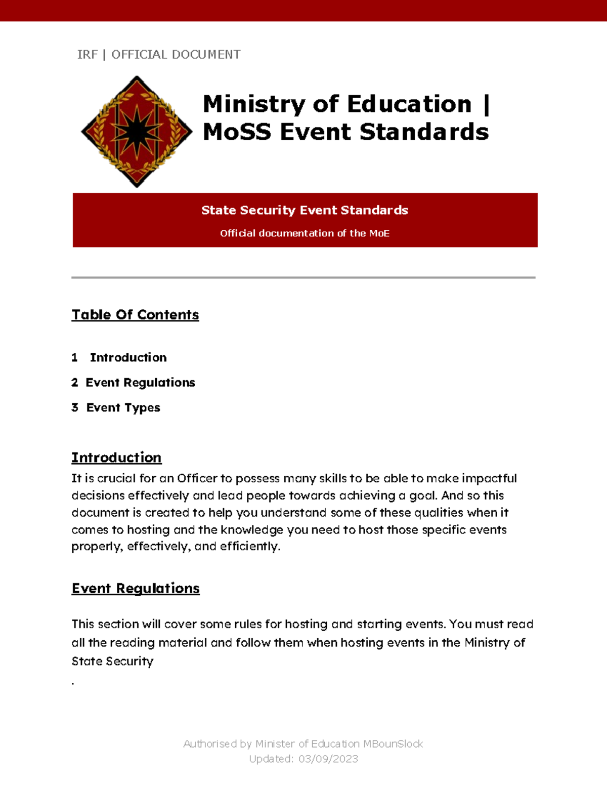 Mo E Mo SS Event Standards - IRF | OFFICIAL DOCUMENT Ministry of ...
