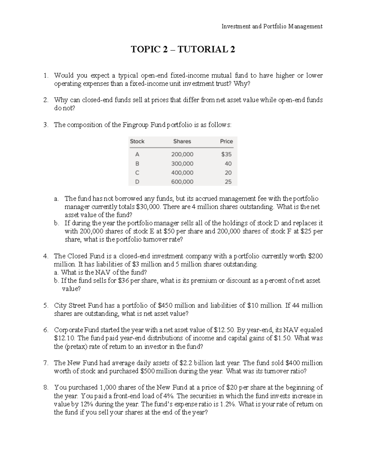 Tutorial 2 - hdhsj - Investment and Portfolio Management TOPIC 2 3 ...