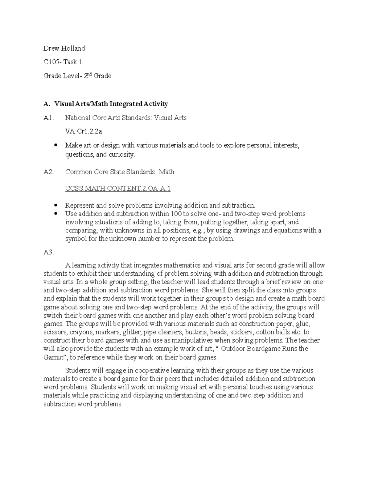 C105 Task 1 Visual and Performing Arts Methods - Drew Holland C105 ...