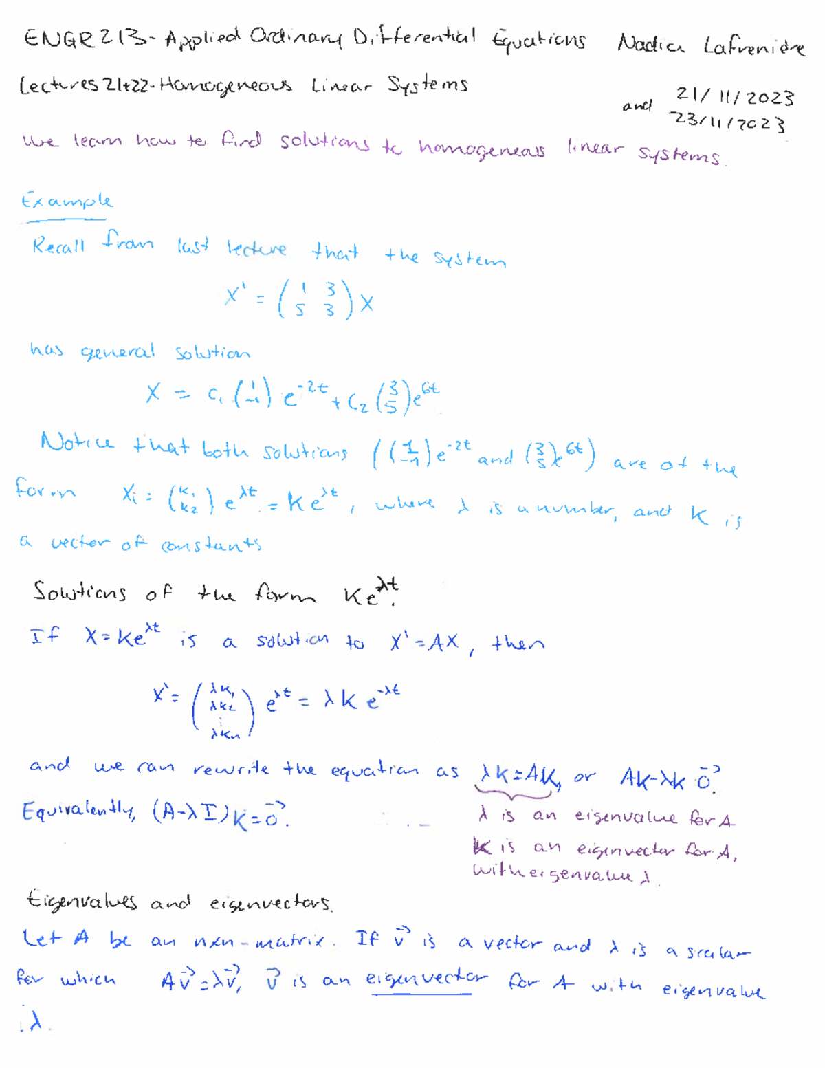 Lecture 21-22 - Homogeneous Linear Systems - ENGR 213 - Studocu