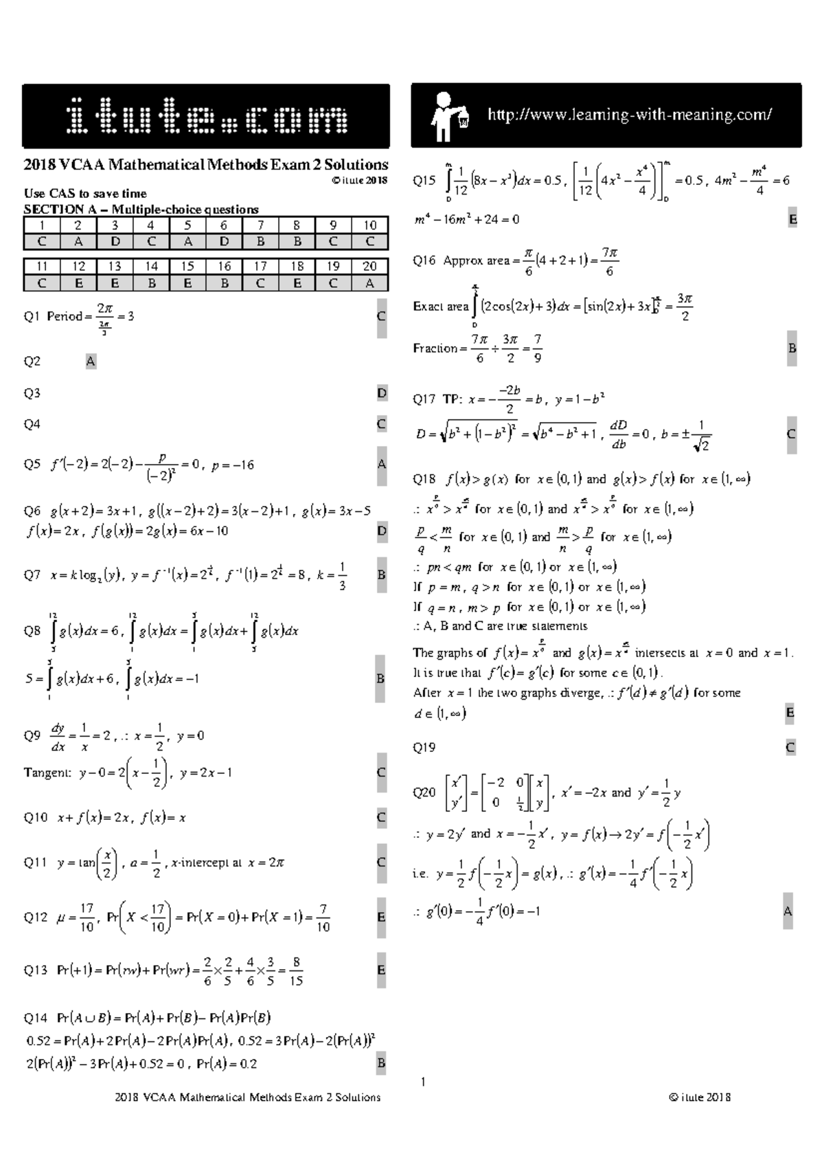 2018 VCAA Mathematical Methods Exam 2 Solutions - 2018 VCAA ...