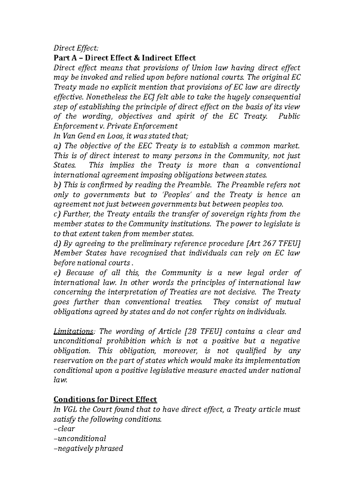 Direct Effect - Summary European Union Law - Direct Effect: Part A ...