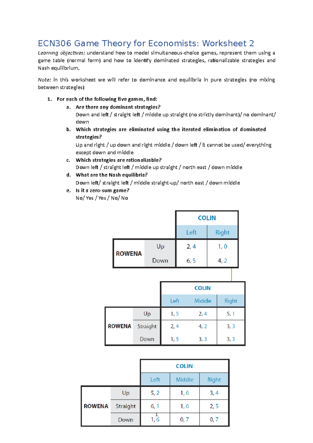 Worksheet 2 - ECN306 Game Theory for Economists: Worksheet 2 Learning ...