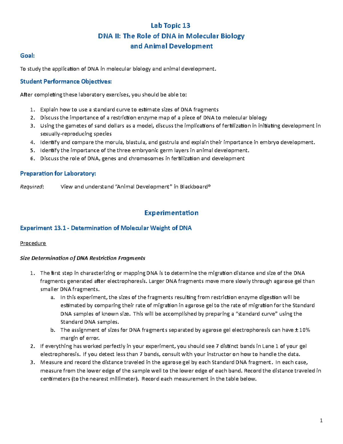 BI 151 -Lab 13 Development - Lab Topic 13 DNA II: The Role of DNA in ...