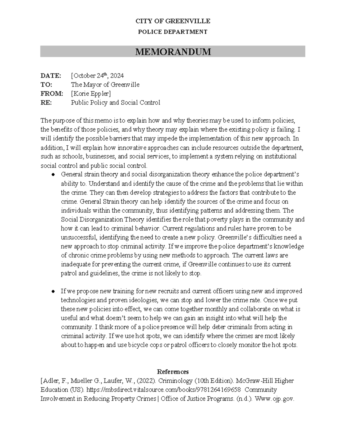 CJ 306 Project Three - CITY OF GREENVILLE POLICE DEPARTMENT MEMORANDUM ...