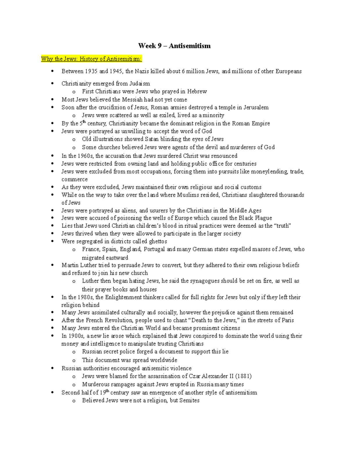 Week 9 - Antisemitism - Week 9 – Antisemitism Why the Jews: History of ...