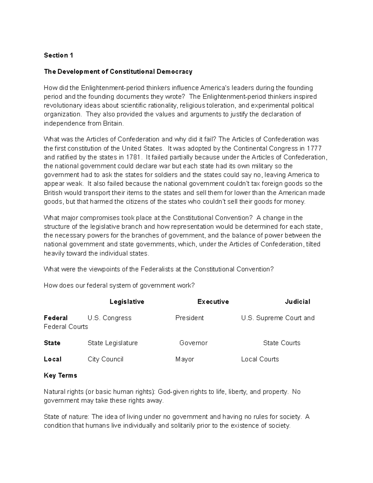 section 1 notes - Section 1 The Development of Constitutional Democracy ...