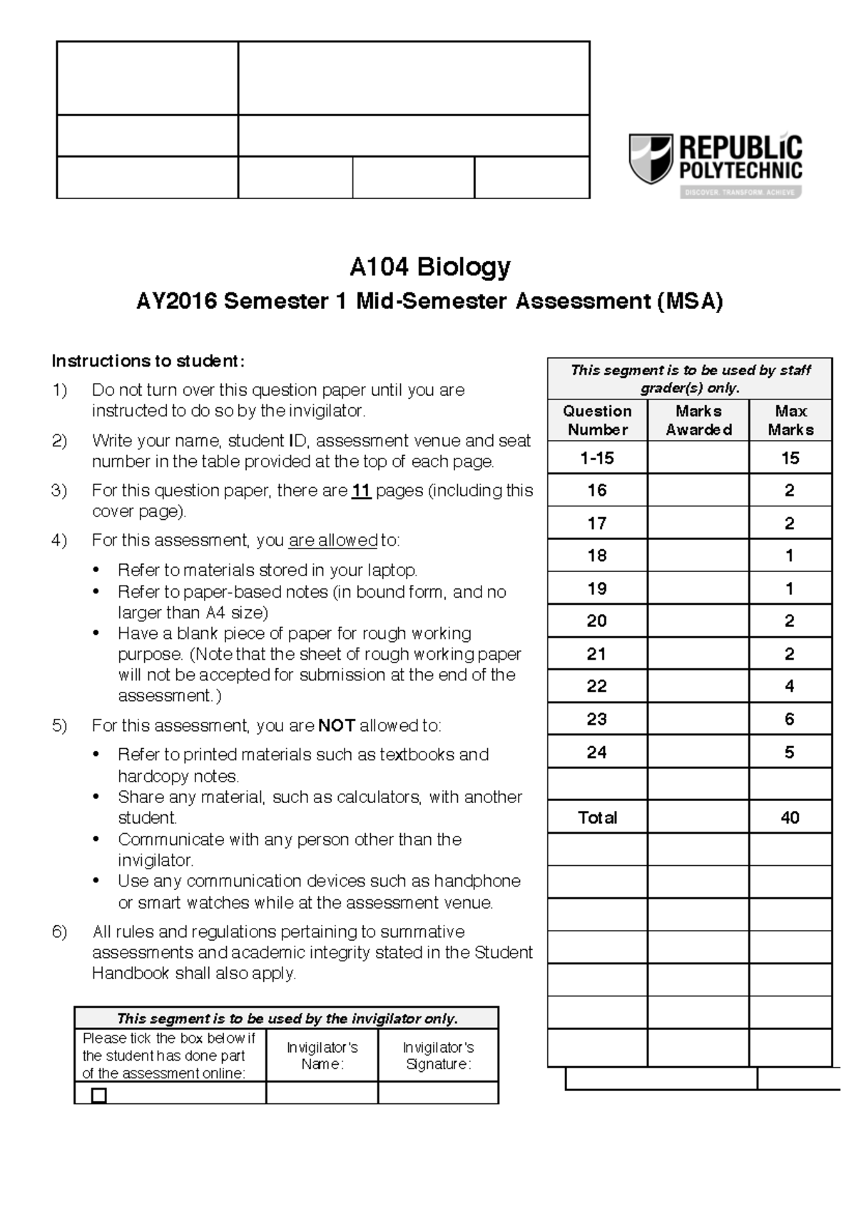 Biology Science test - A104 Biology AY2016 Semester 1 Mid-Semester ...