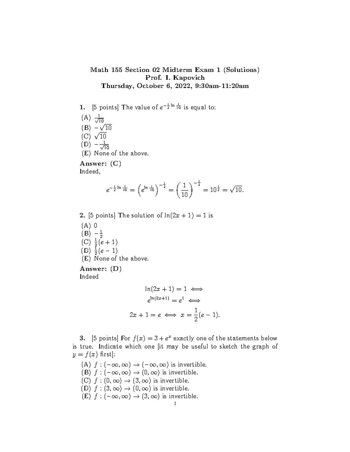 Math 155 Exam 1 Solutions - Math 155 Section 02 Midterm Exam 1 ...