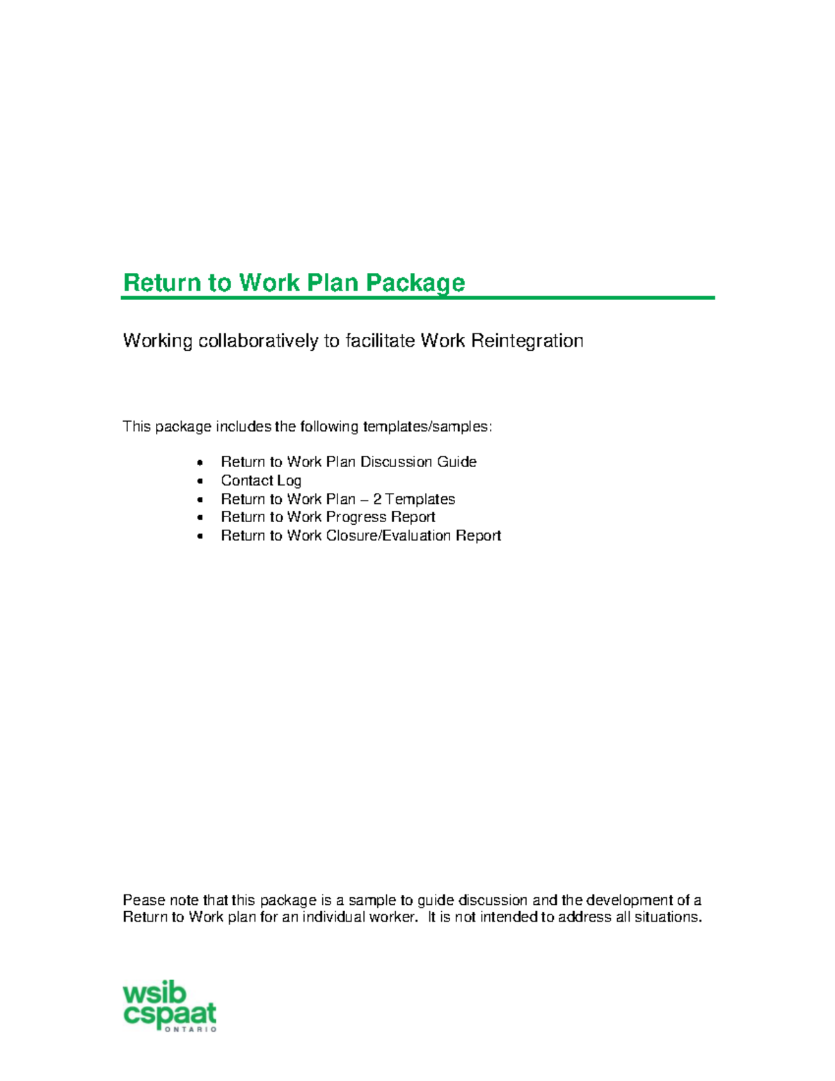 Sample RTW Plan Templates - Return to Work Plan Package Working ...