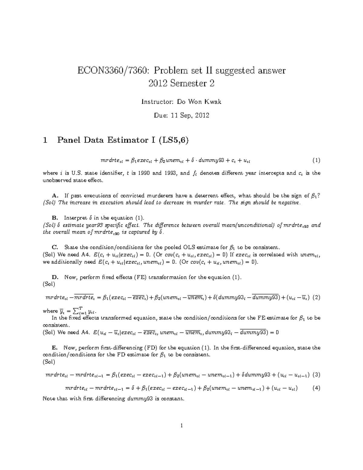HW2 sol 1 - solution of homework 2 - ECON3360/7360: Problem set II suggested answer 2012 ...