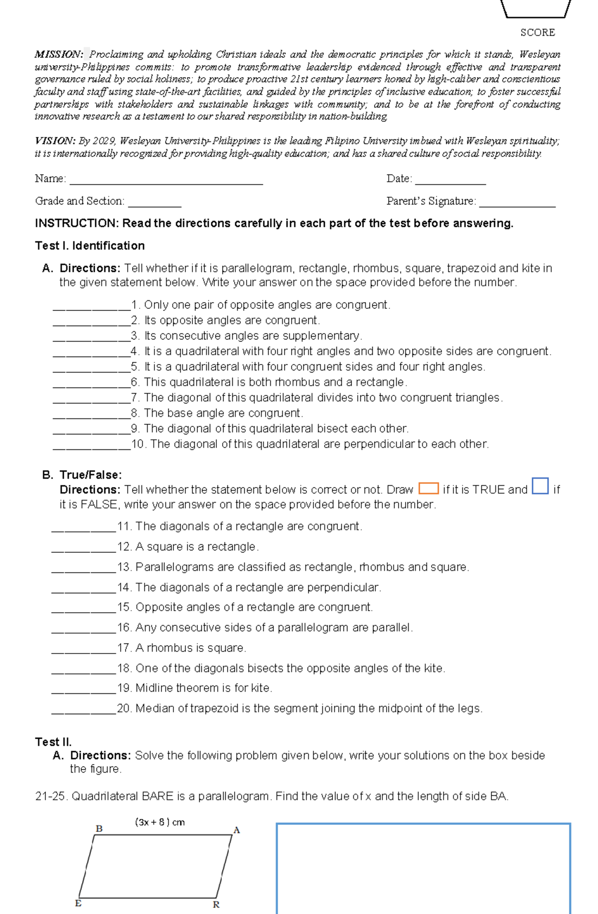3rd UNIT math 9 - third quarter unit test in math 9 - SCORE MISSION ...
