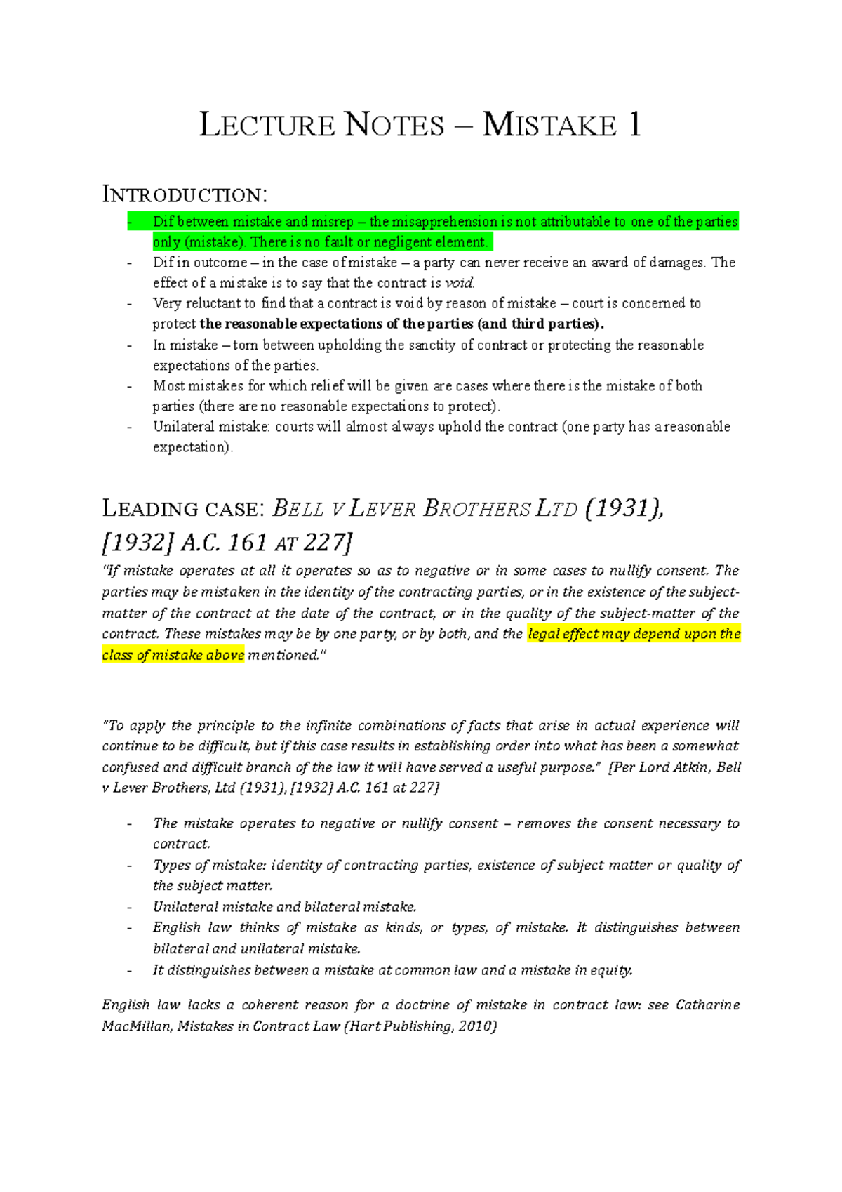 Mistake 1 - LECTURE NOTES – MISTAKE 1 INTRODUCTION: Dif between mistake ...