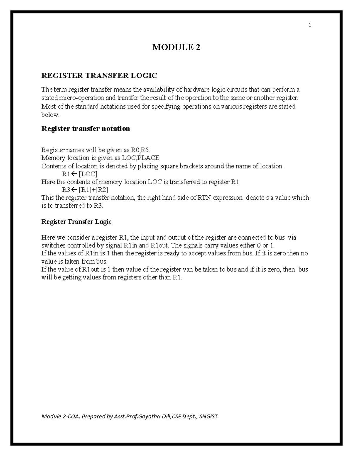 M2-COA - MODULE 2 REGISTER TRANSFER LOGIC The term register transfer ...