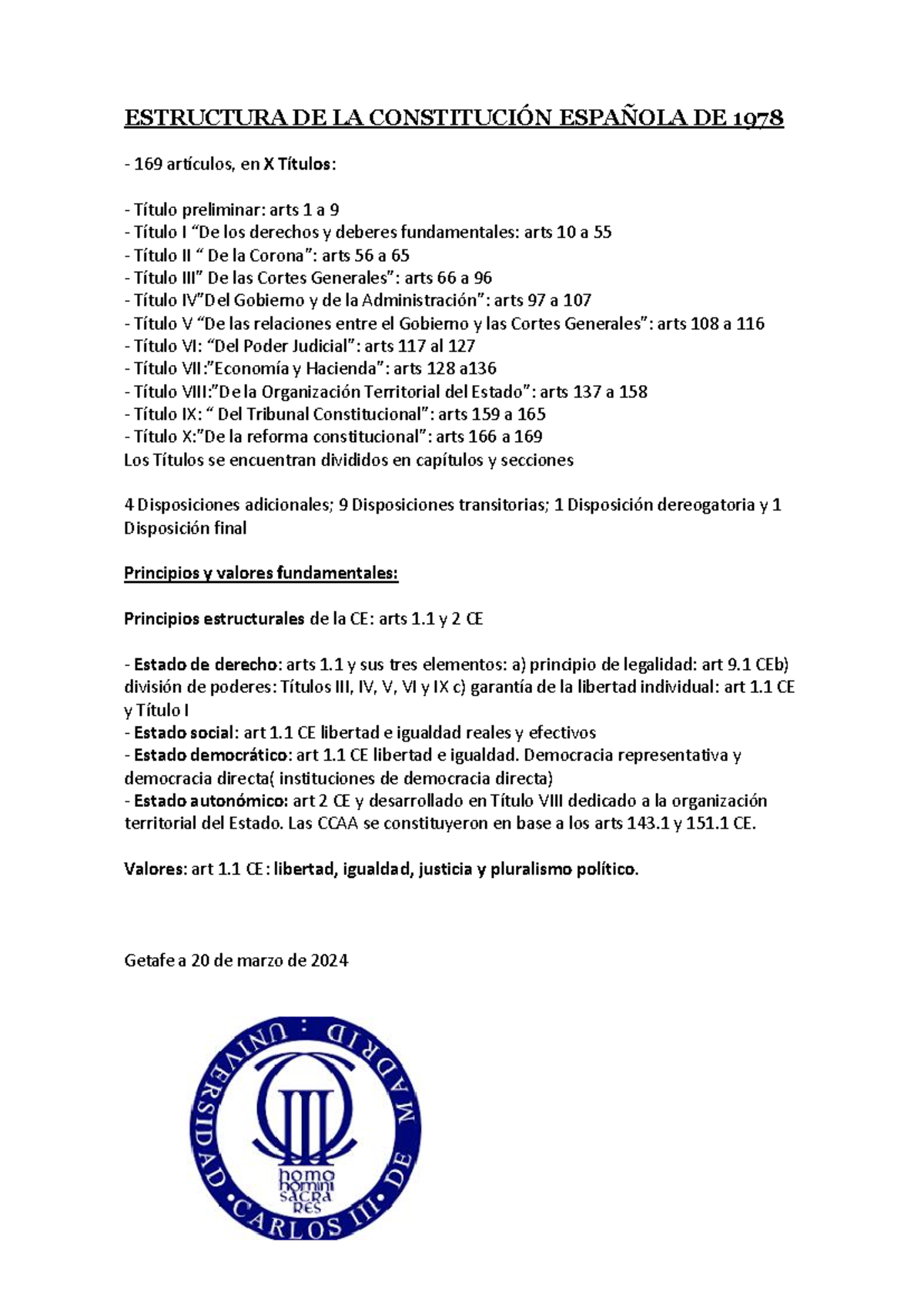 Estructura DE LA CE DE 1978 - ESTRUCTURA DE LA CONSTITUCIÓN ESPAÑOLA DE 1978 169 artículos, en X ...