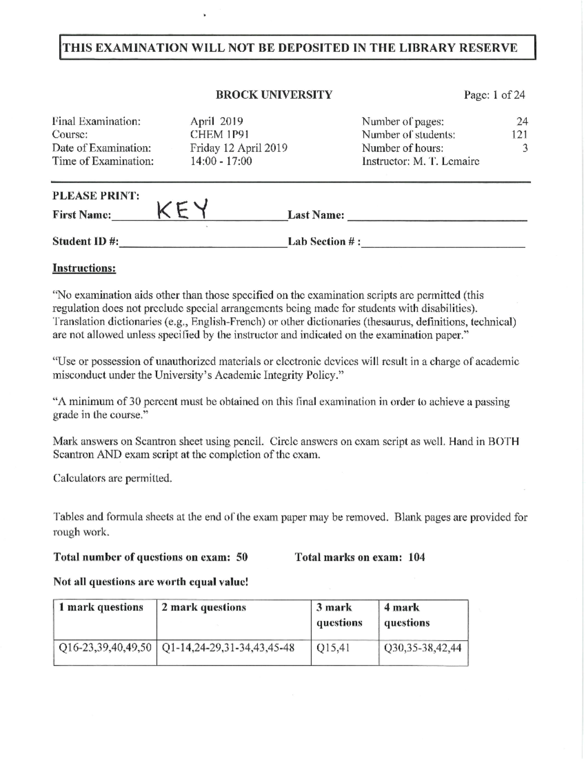 Practice Final Exam Answer KEY - THIS EXAMINATION WILL NOT BE DEPOSITED ...