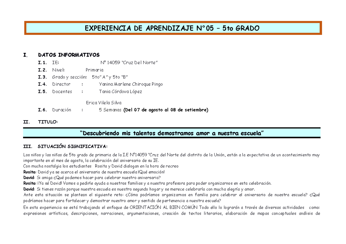 Experiencia DE Aprendizaje Agosto Tania - EXPERIENCIA DE APRENDIZAJE N°05 – 5to GRADO I. DATOS ...