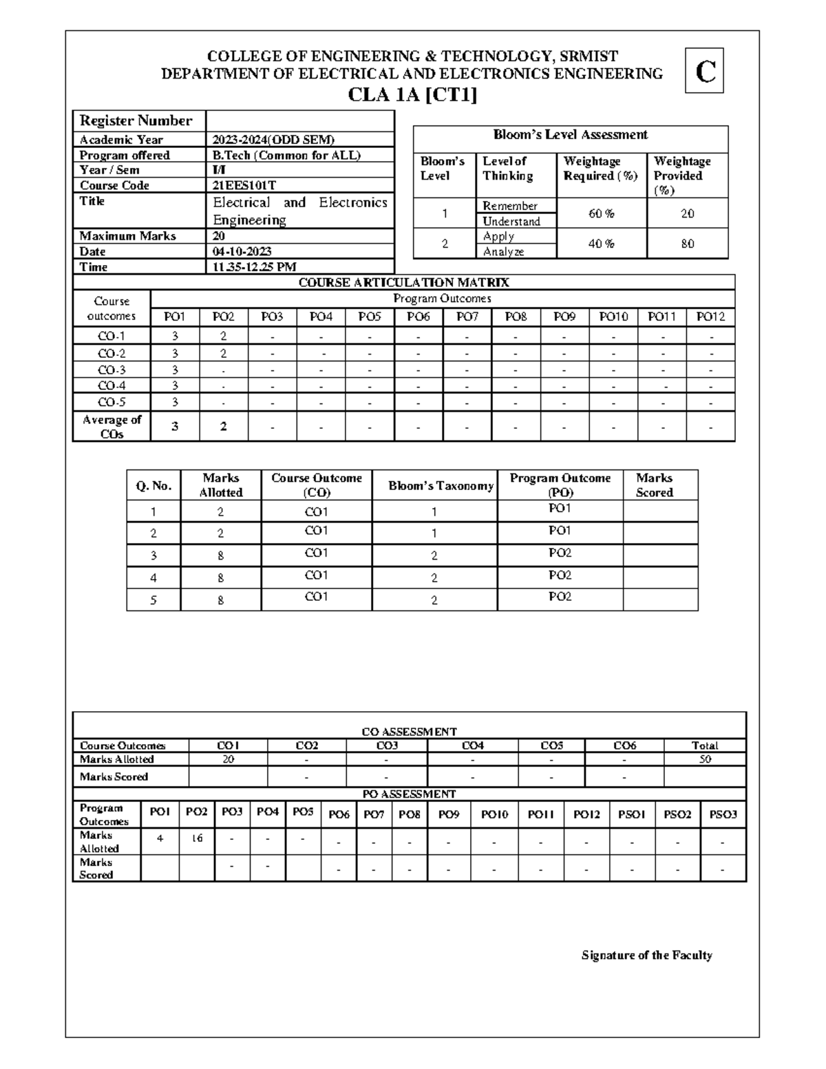 EEE CT-1 SETC-C AK - CT1 question paper model - COLLEGE OF ENGINEERING ...