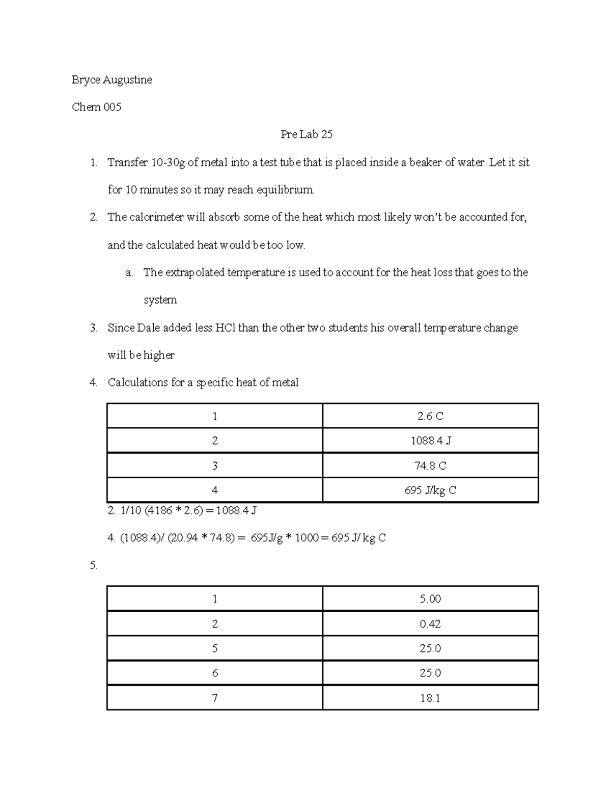 Pre lab 25 - pre lab 25 help for chem 1 - Bryce Augustine Chem 005 Pre ...