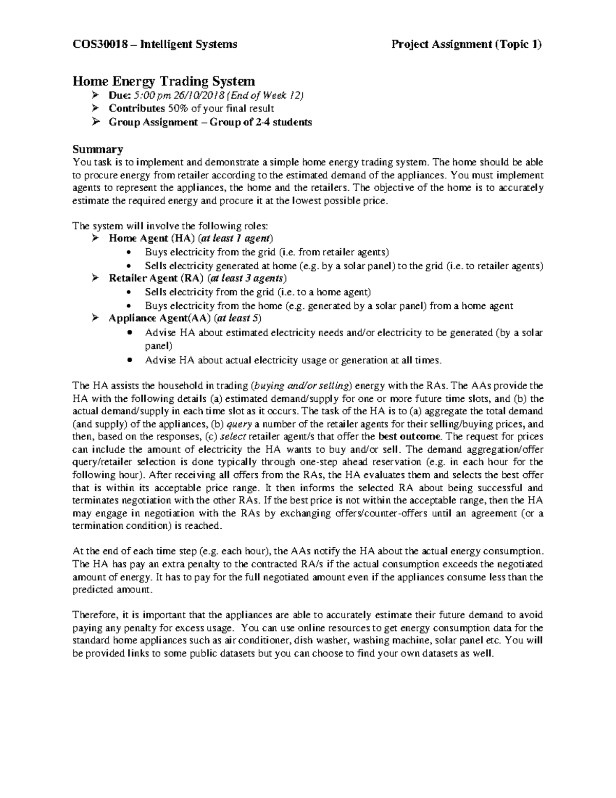 Topic 1 - Home Energy Trading System - COS30018 – Intelligent Systems Project Assignment (Topic ...