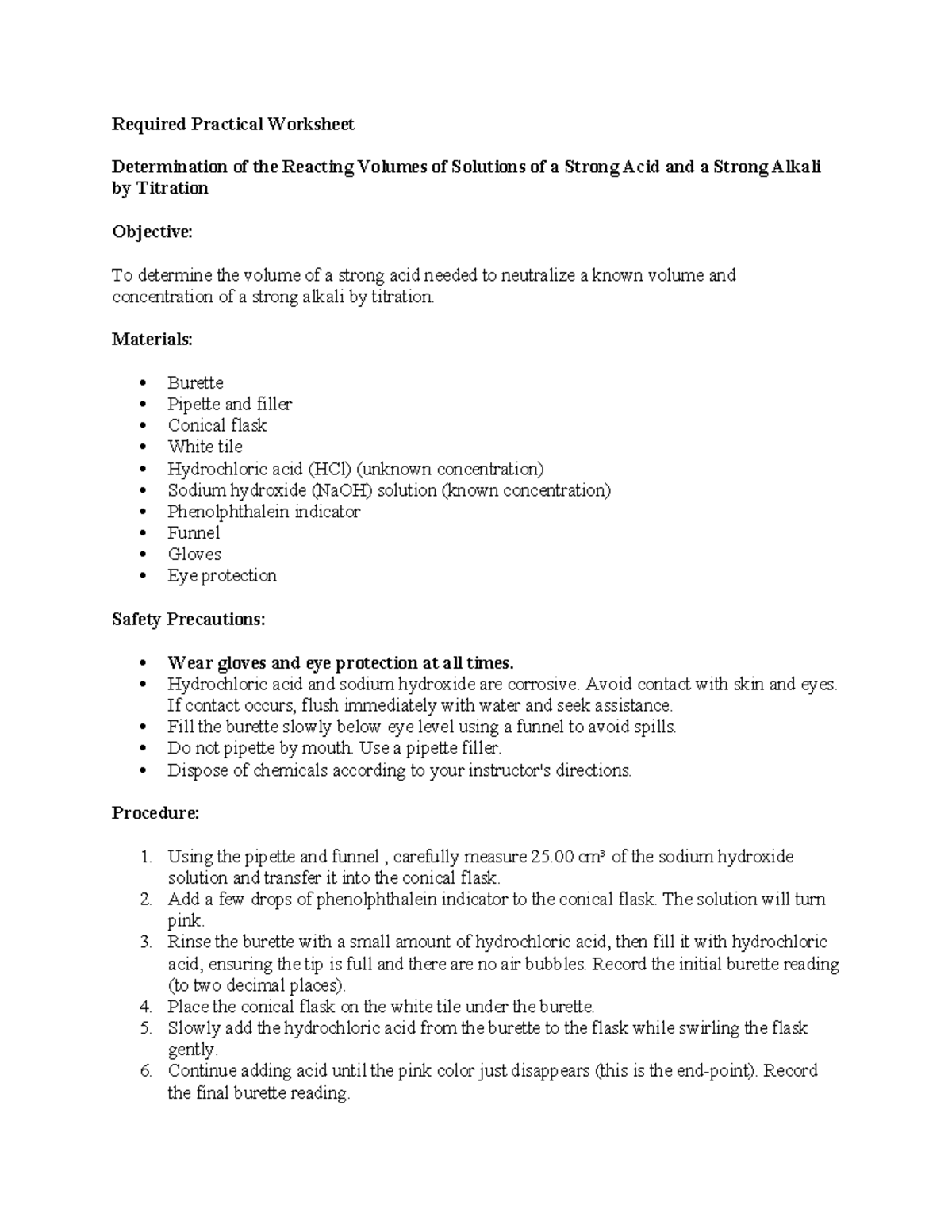 Required Practical Worksheet - English - Required Practical Worksheet ...