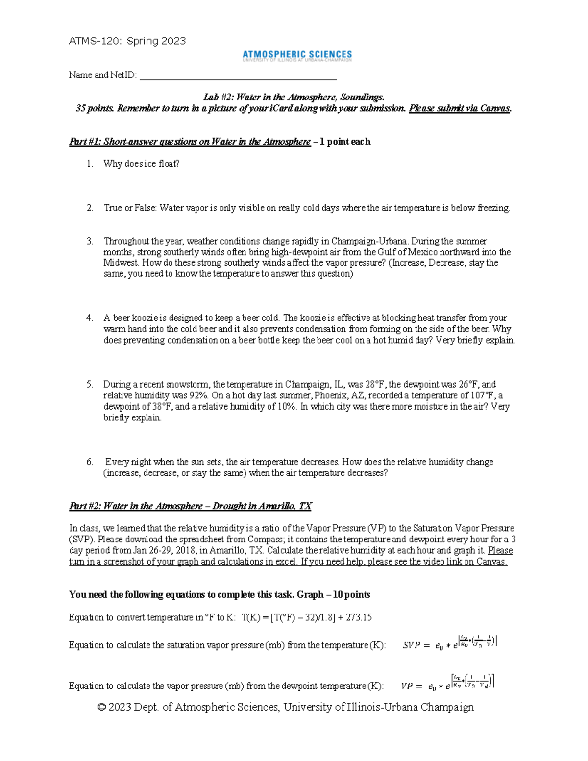 Lab 2 SP23 - KIN - Name and NetID: _________________________________________ Lab #2: Water in ...