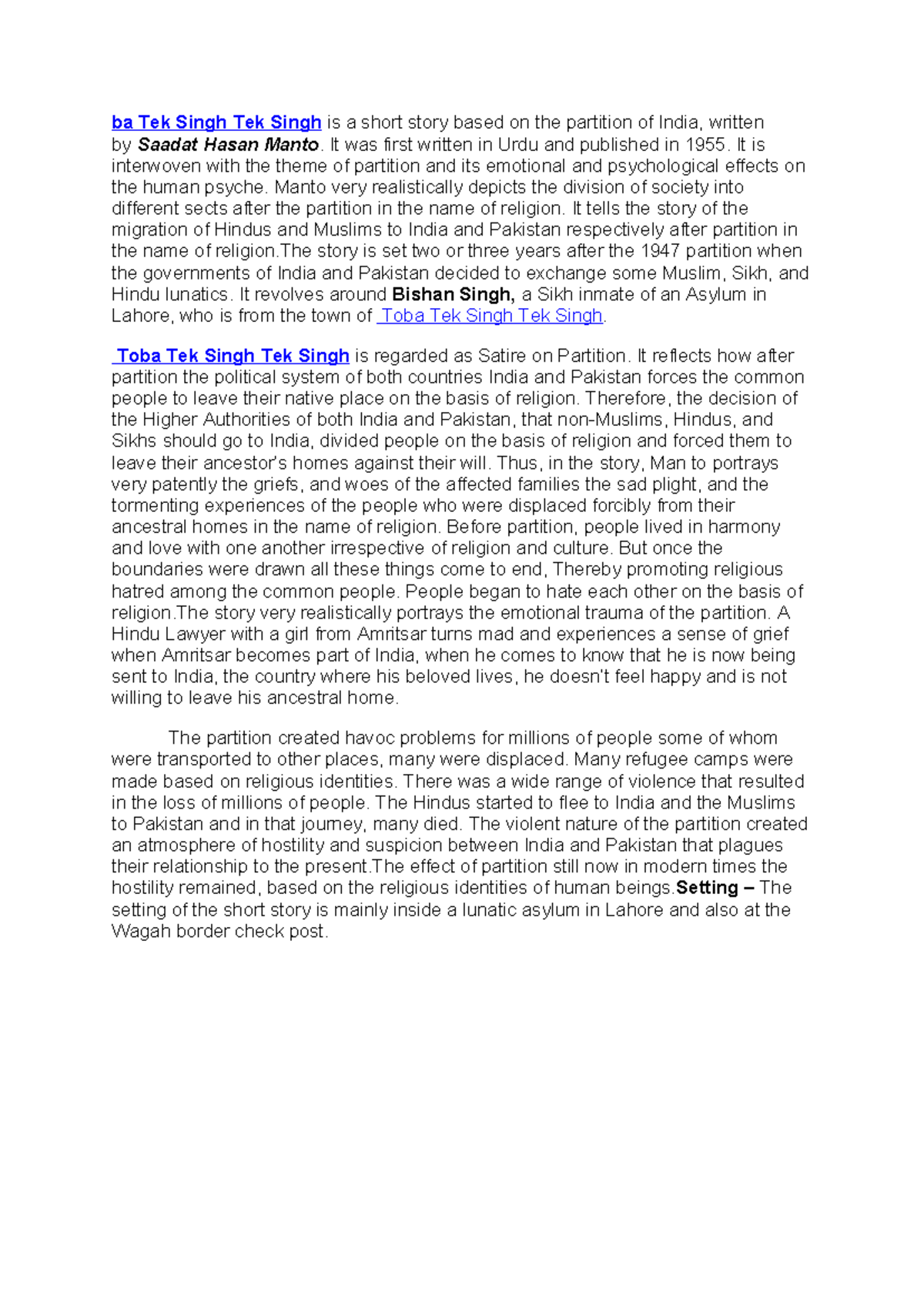 Ba Tek Singh - read - ba Tek Singh Tek Singh is a short story based on ...