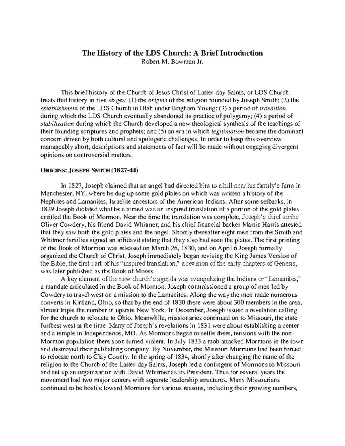 The History of the LDS Church A Brief In - The History of the LDS ...