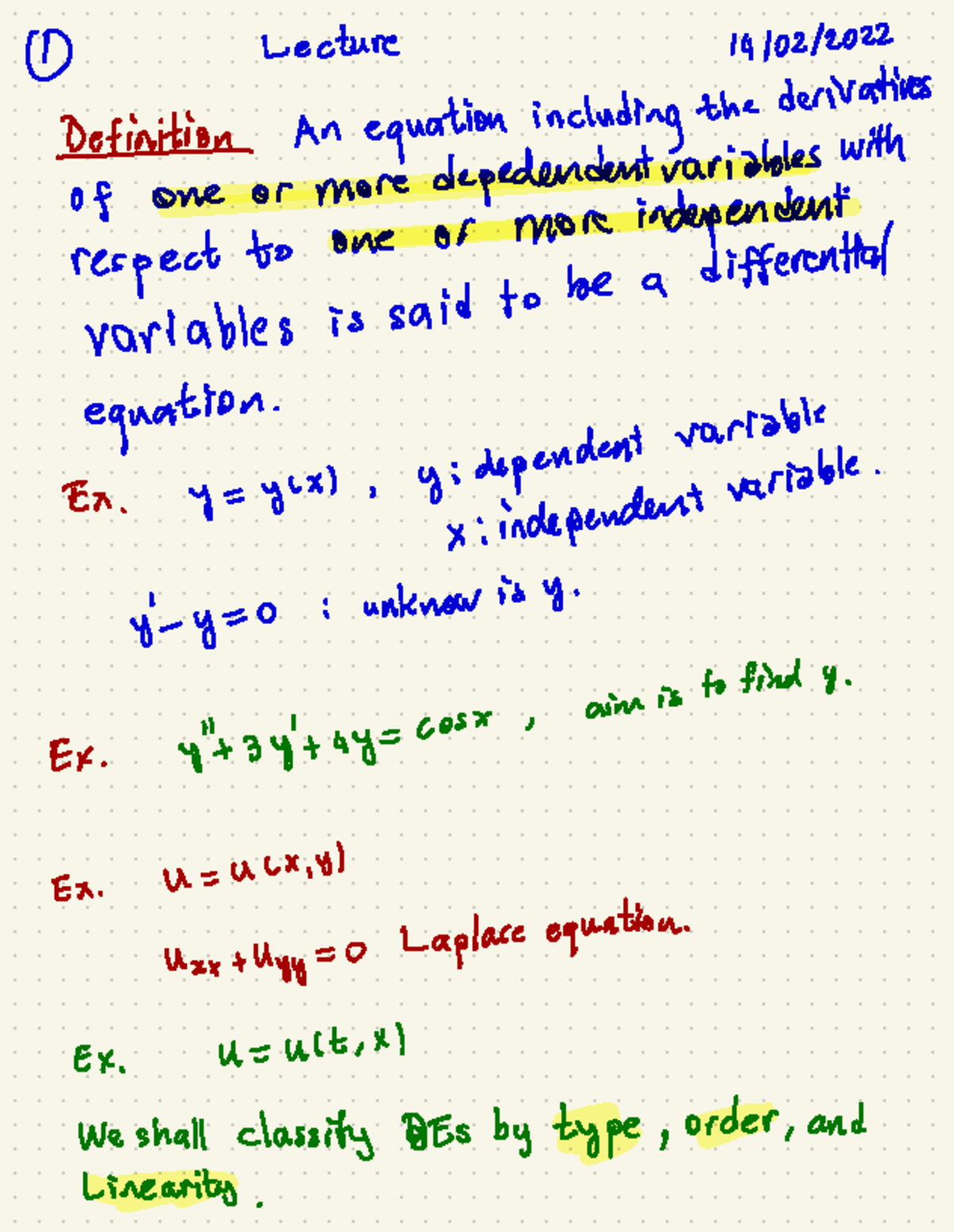 MATH241 Lecture 2 - ① Lecture 14/02/ Def!n!t!on An equat!on !nclud!ng ...