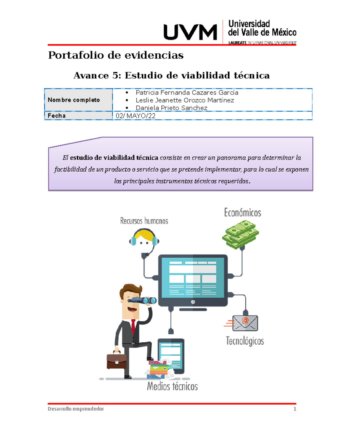 Desarrollo Emprendedor act - Portafolio de evidencias Avance 5: Estudio de viabilidad técnica ...