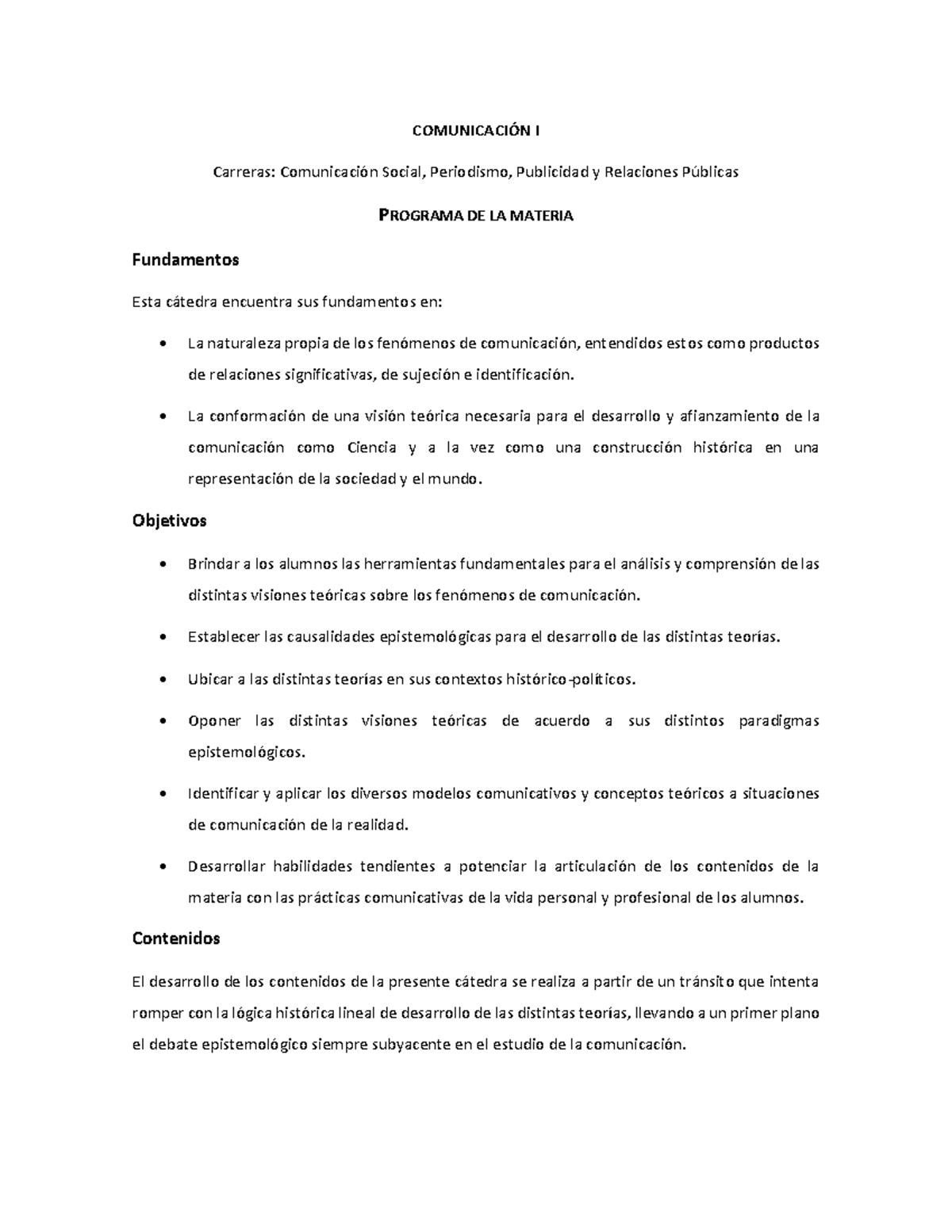 Programa Comunicacion 1 2024 - COMUNICACIÓN I Carreras: Comunicación ...