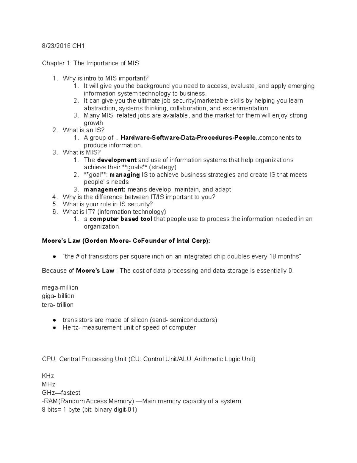 Mis Lecture Notes 1 6 8 23 2016 Ch Chapter 1 The Importance Of Mis Why Is Intro To Mis