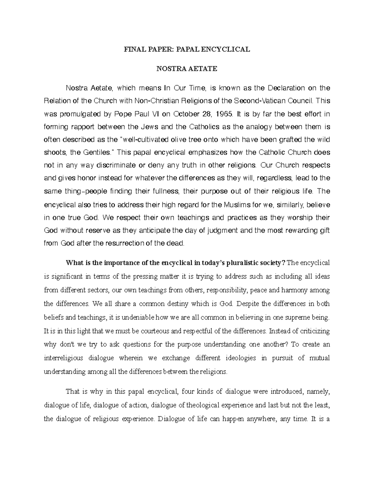 Nostra Aetate - FINAL PAPER: PAPAL ENCYCLICAL NOSTRA AETATE Nostra ...