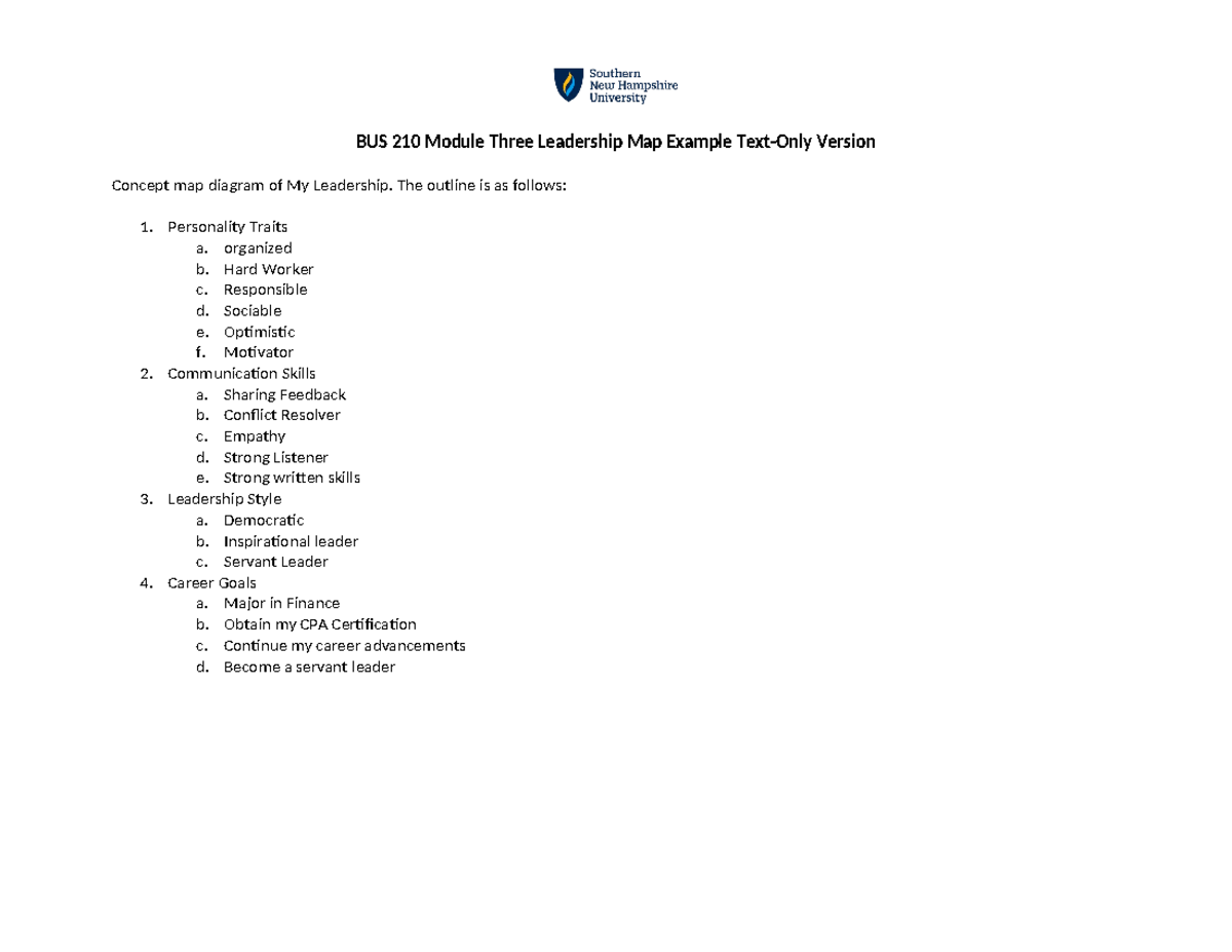 BUS 210 Module Three Leadership Map Example Text-Only Version - The ...