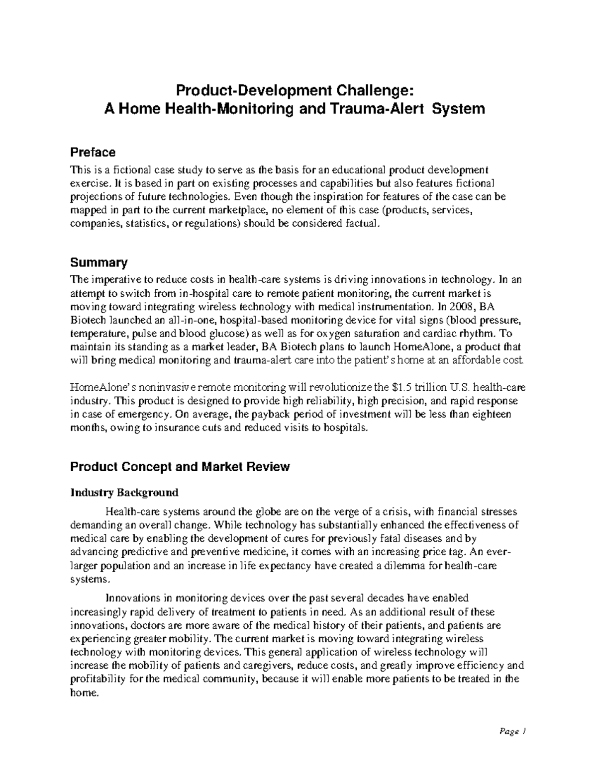 Case Study Home Alone - Copy - Product-Development Challenge: A Home ...