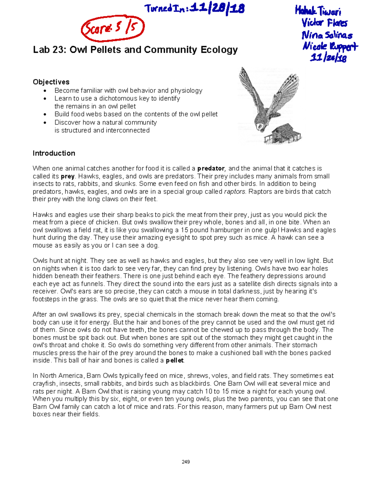 Lab 23 - Lab Work - Lab 23: Owl Pellets and Community Ecology Objectives • Become familiar with ...