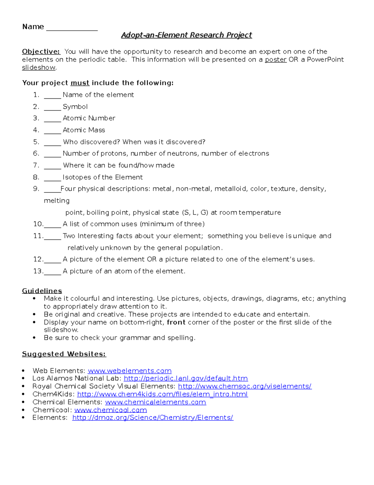 Element Poster Project - Name ______________Name ______________ Adopt ...