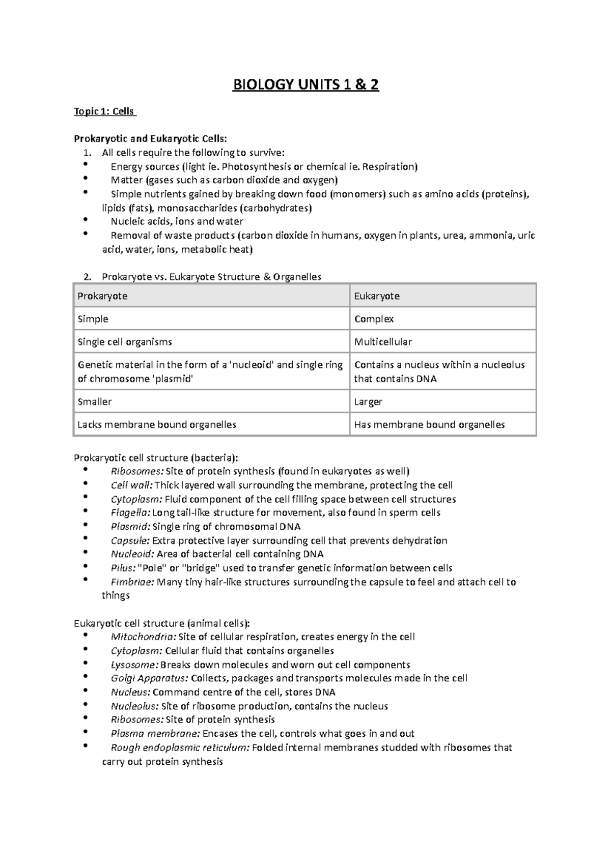 Biology Units 1 & 2 - BIOLOGY UNITS 1 & 2 Topic 1: Cells Prokaryotic ...