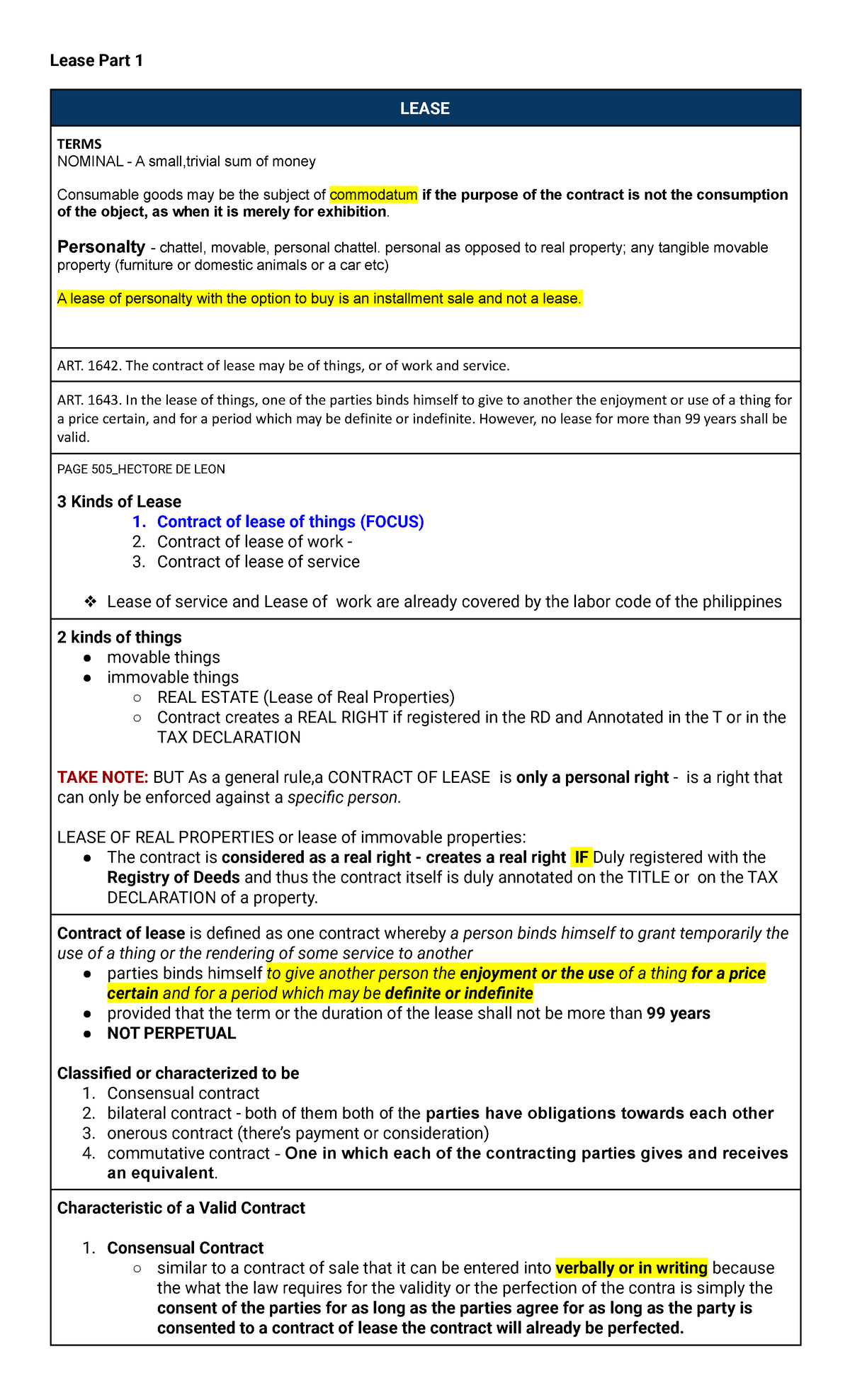 Lease Part 1 - STUDY NOTES - Lease Part 1 LEASE TERMS NOMINAL - A small ...