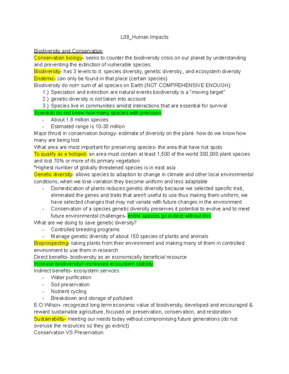 L08 Human Impacts - Lecture 8 notes. - L08_Human Impacts Biodiversity ...
