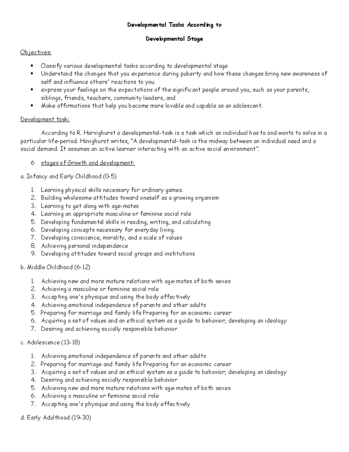 Developmental Tasks According to Developmental Stage - Developmental ...