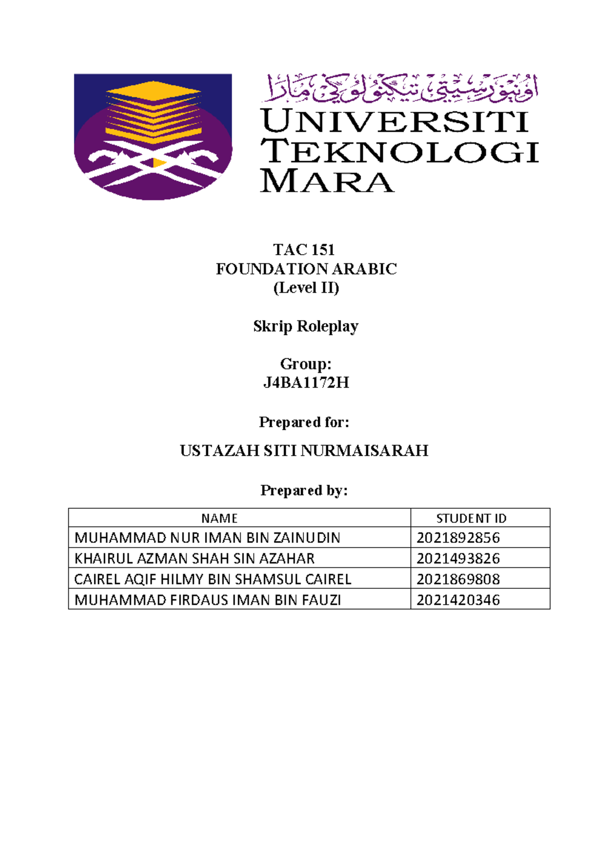 SKRIP ROLEPLAY ARAB - TAC 151 FOUNDATION ARABIC (Level II) Skrip Roleplay Group: J4BA1172H ...