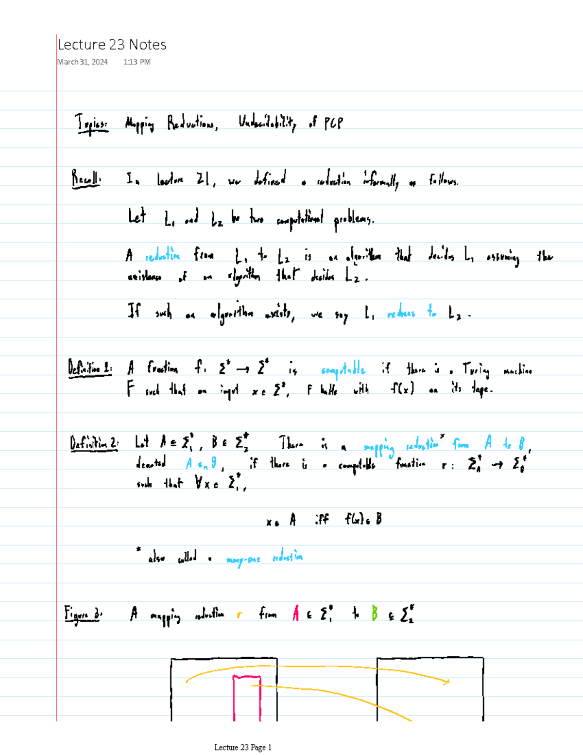 Lecture 23 Notes - Comp 330 - Lecture 23 Notes March 31, 2024 1:13 PM ...
